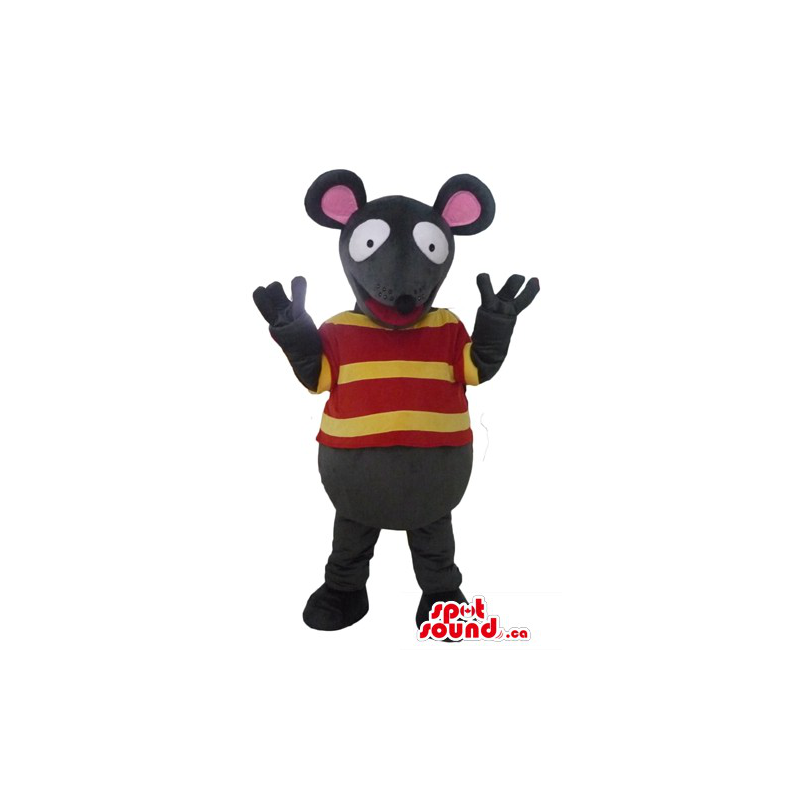 Black mouse in yellow and red t-shirt cartoon Mascot costume ...